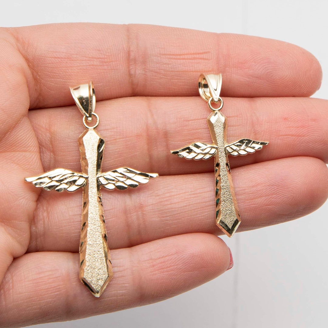 Diamond-cut Angel Wings Cross Pendant Solid Real 10K Yellow Gold All ...