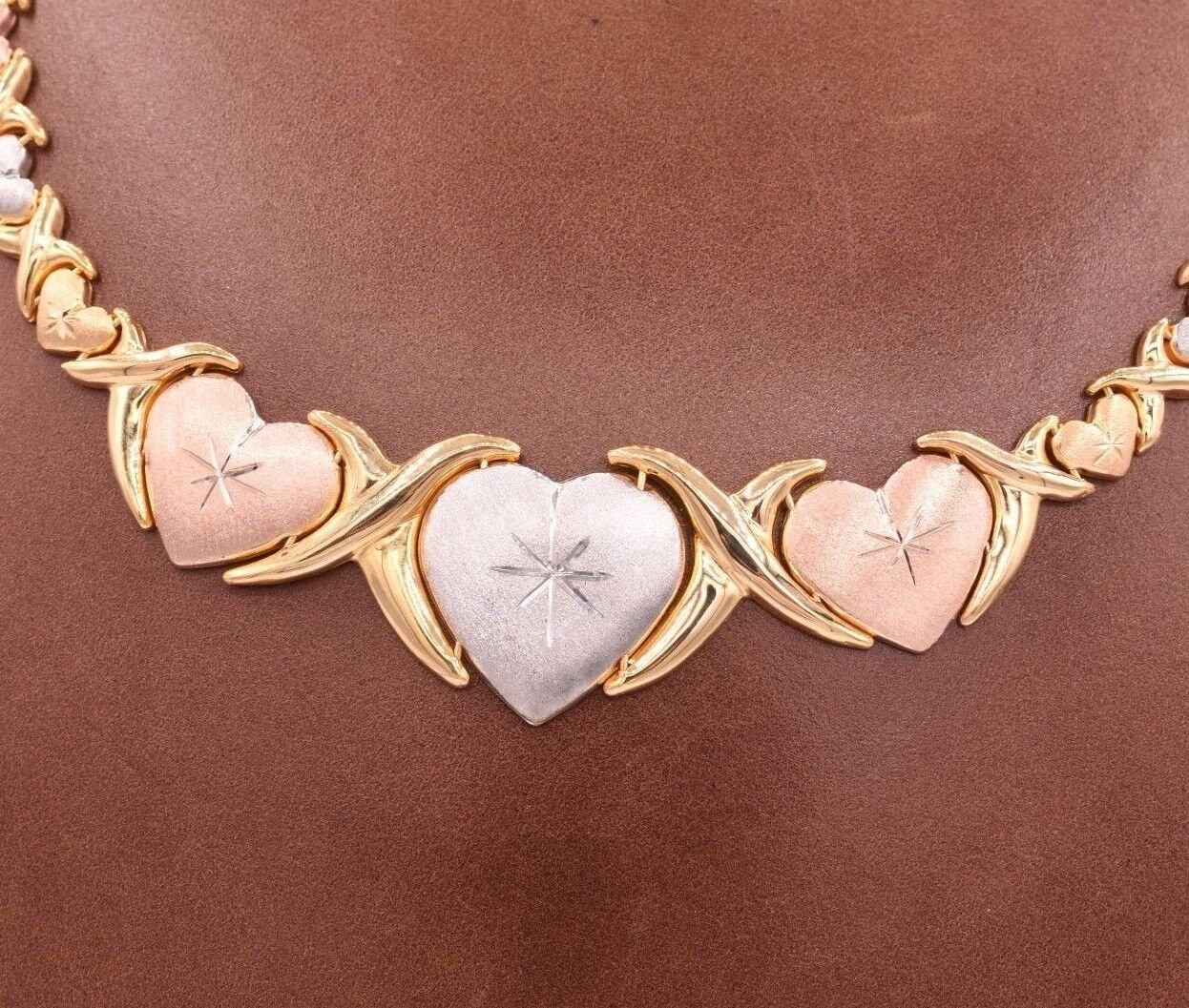 Graduated Hearts & Kisses Chain Necklace 14K Yellow White Rose - Etsy