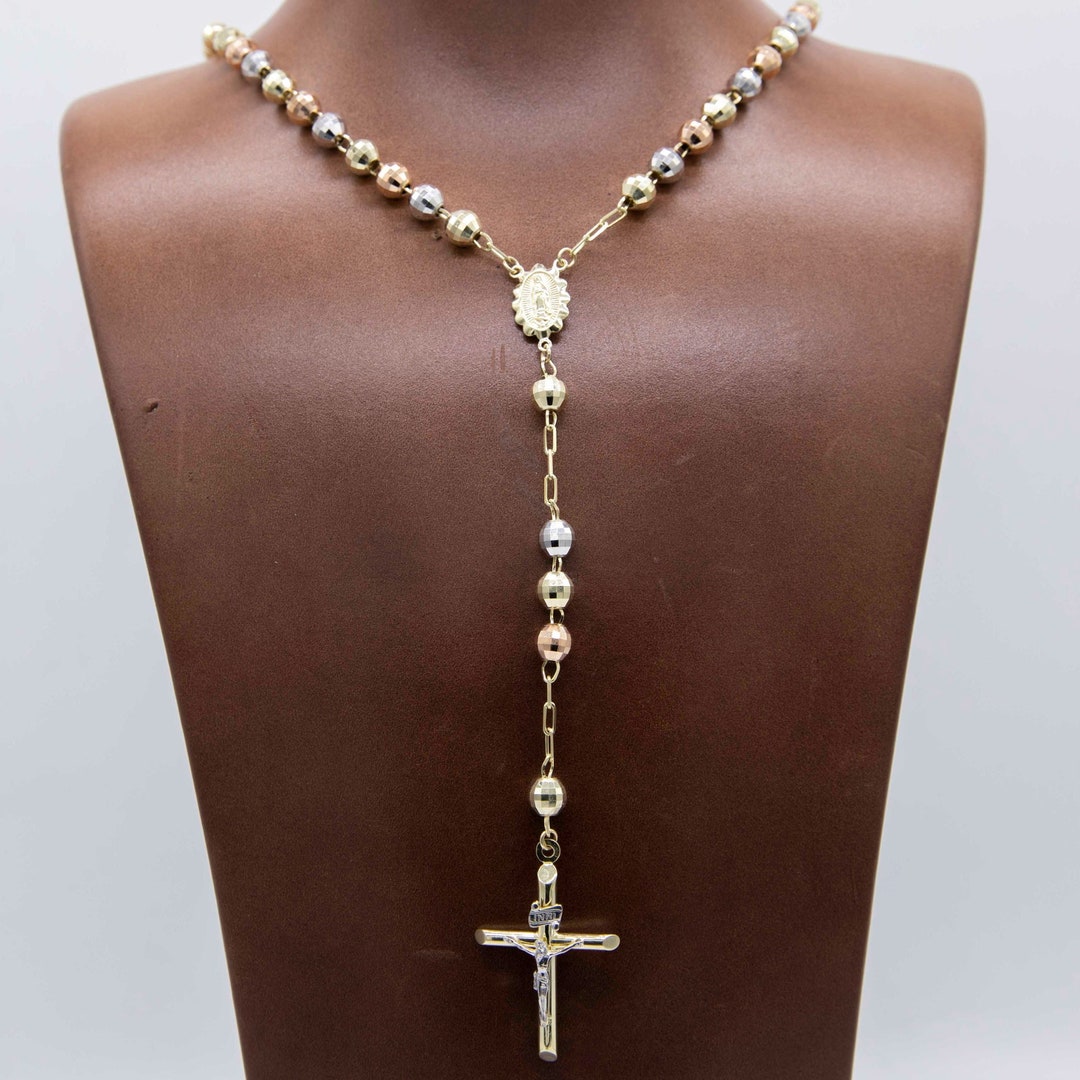 Medallion Cross Rosary Crucifix Chain Necklace Real 14K Yellow White ...