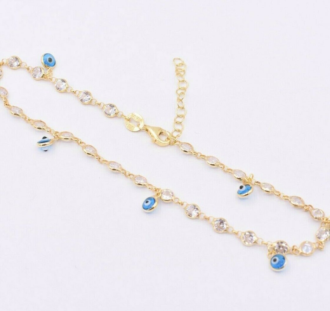 Evil Eye Drops With Round Bezel Set Adjustable Anklet Yellow Sterling ...