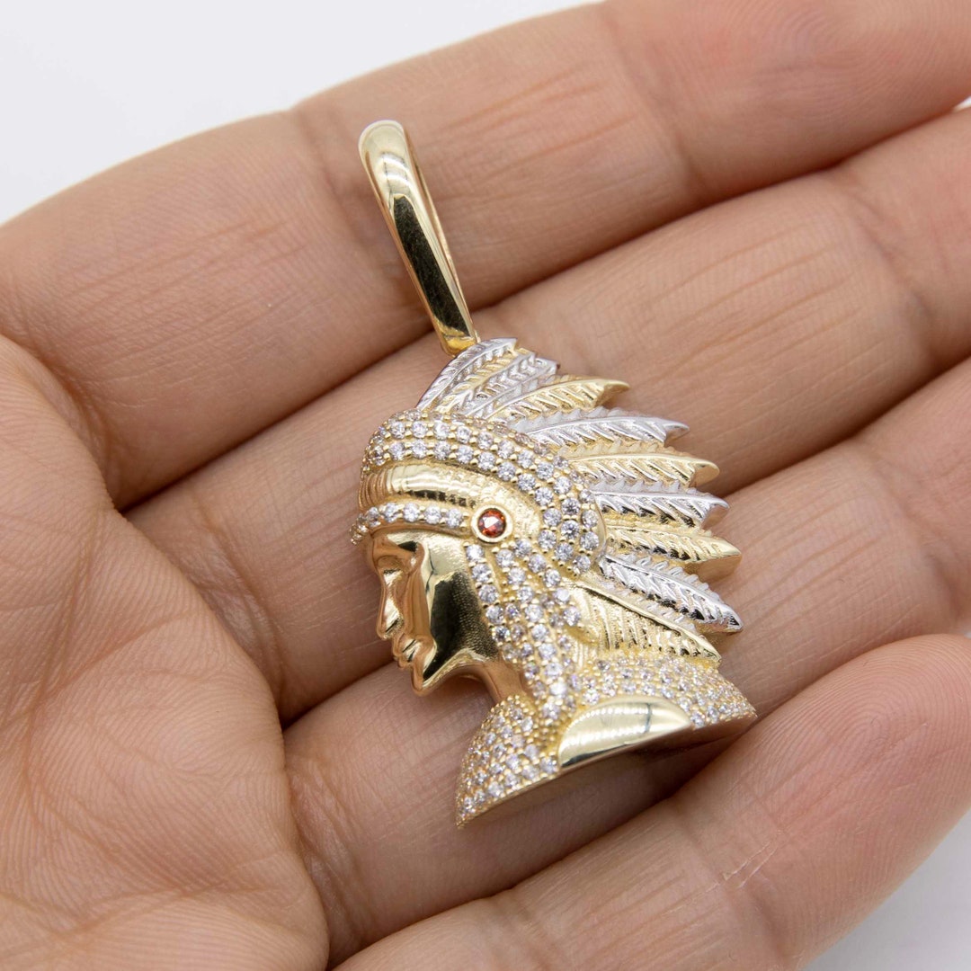 1 3/4" CZ Indian Chief Pendant Real 10K Yellow White Gold - Etsy