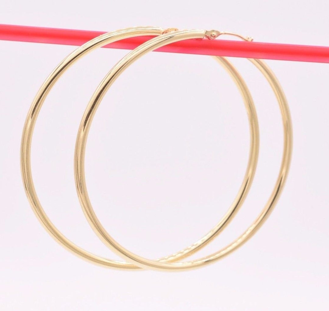 2" 2mm X 50mm Large Shiny Plain Hoop Earrings REAL 10K Yellow Gold 2 ...