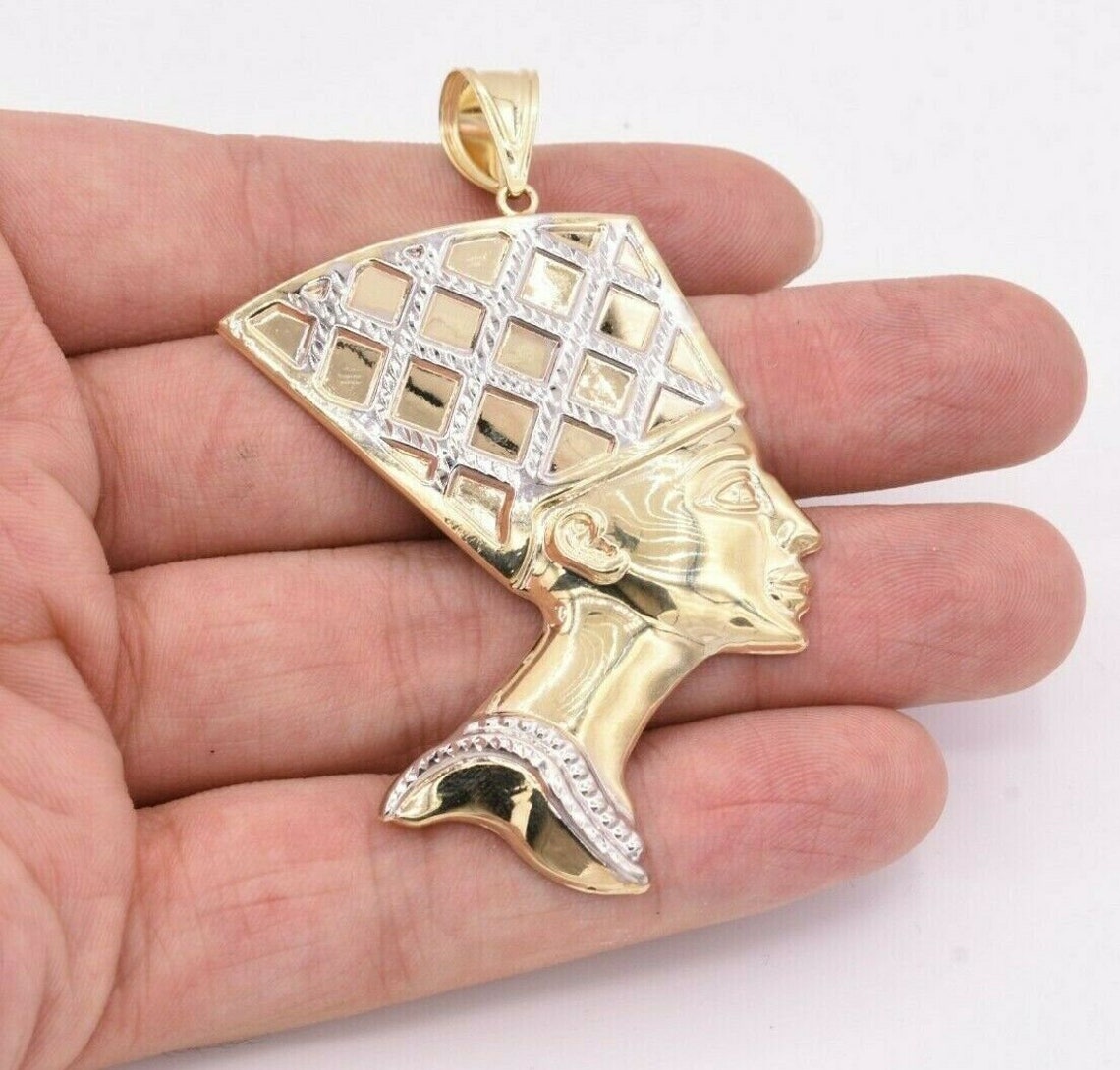 3" Egyptian Queen Nefertiti Head Diamond Cut Pendant Real 10K Yellow ...