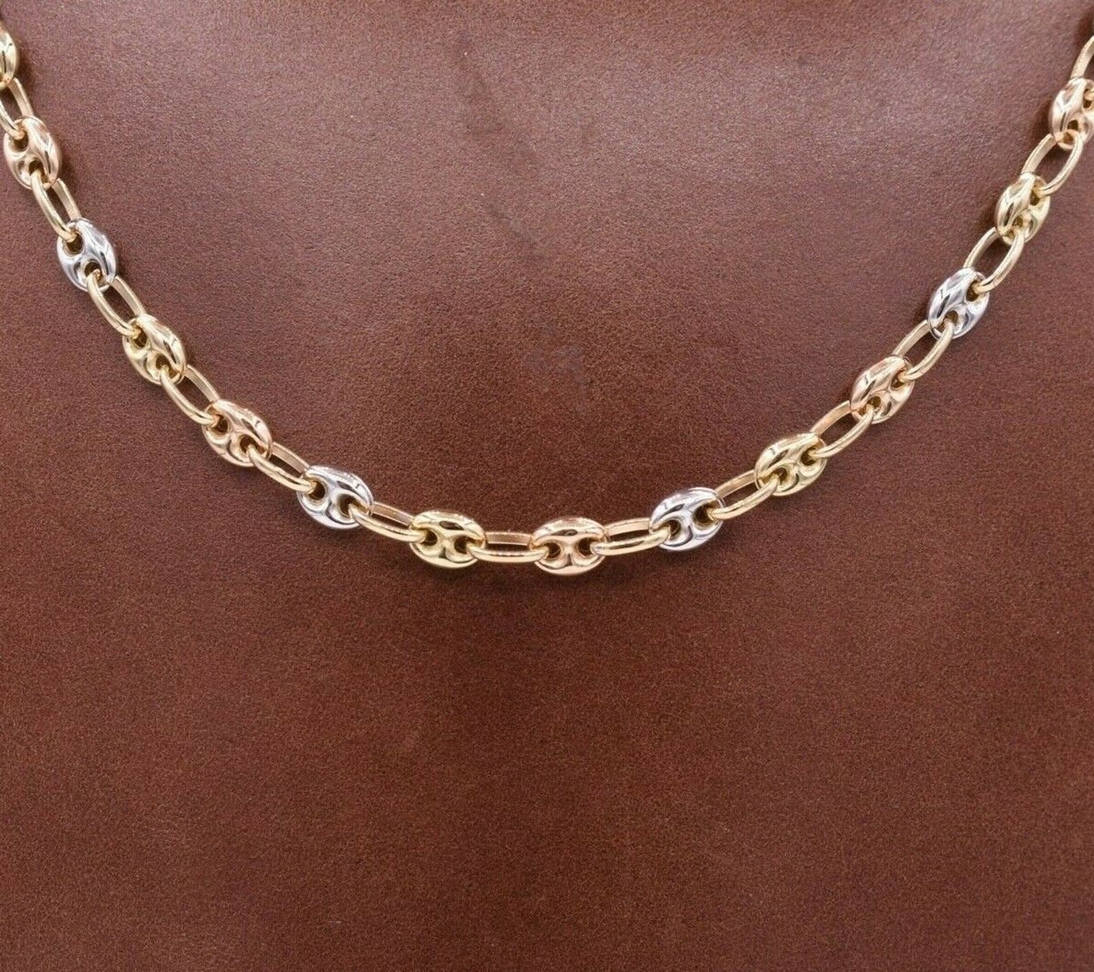 5mm Puffed Mariner Link Chain Necklace Tricolor Real 14K Yellow White ...