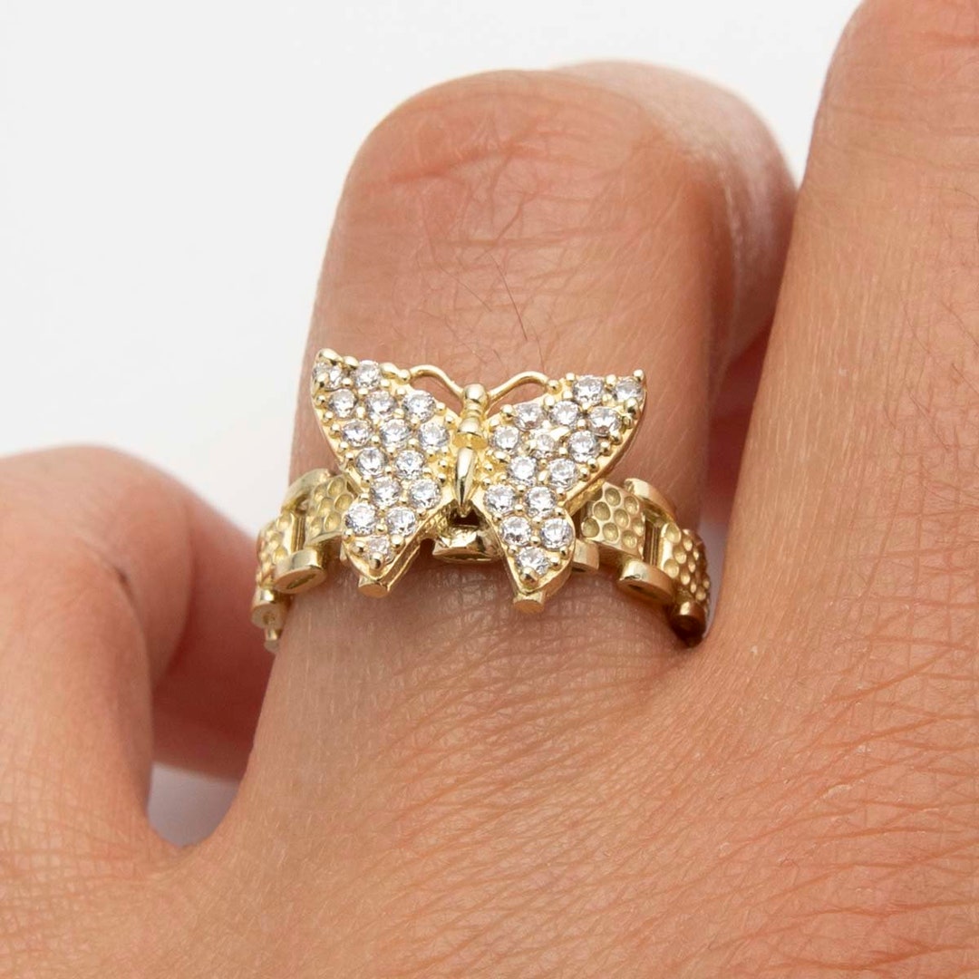 Women's Railroad Design Shiny Butterfly Ring 10K Yellow Gold - Etsy