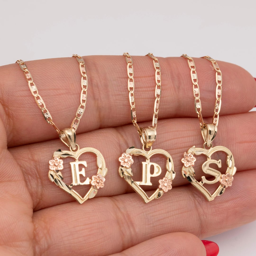 Cutout Heart Flower Initial Letter Pendant Necklace Real 10K Yellow ...