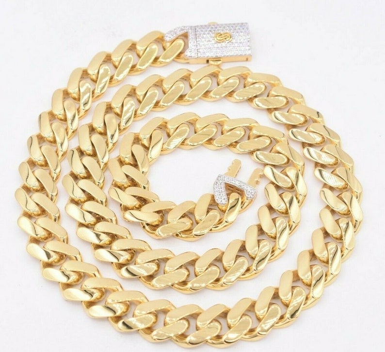 13mm Miami Cuban Royal Link Chain Necklace CZ Box Clasp Real 14K Yellow ...