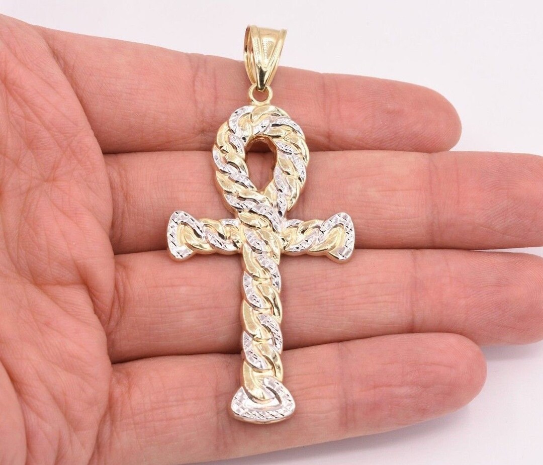 3" Huge Ankh Cross Jesus Pendant Charm Diamond Cut Real 10K Yellow ...