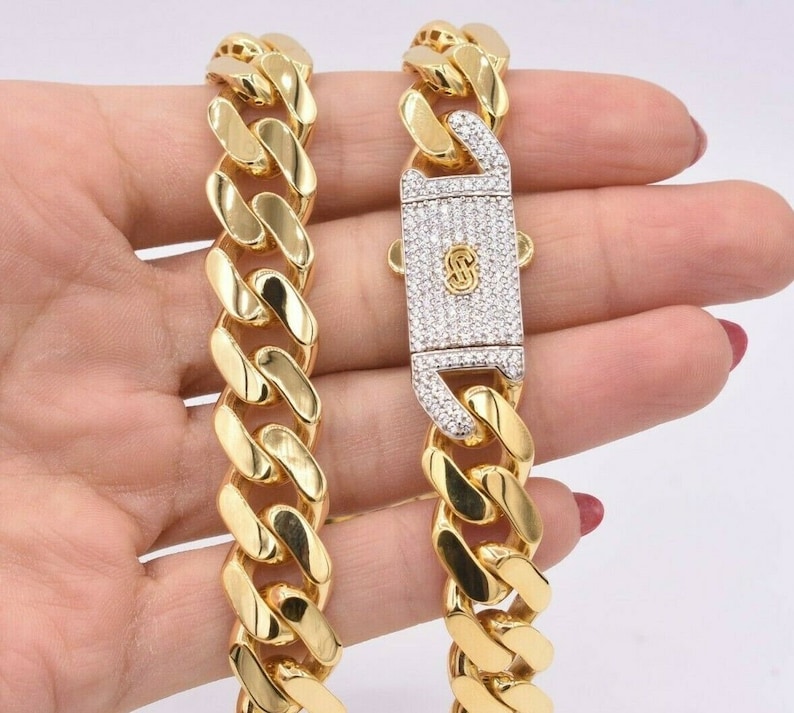 13mm Miami Cuban Royal Link Chain Necklace CZ Box Clasp Real 14K Yellow ...