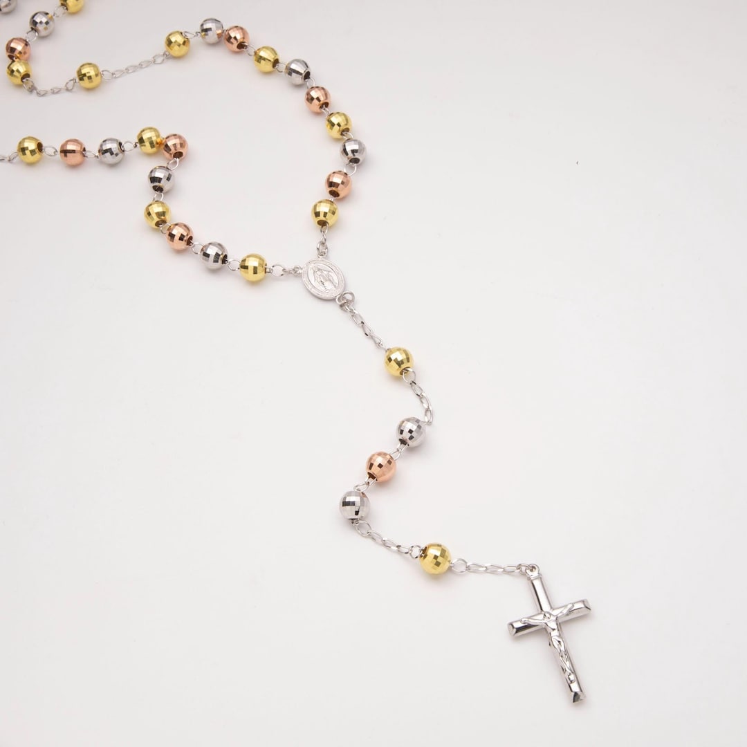 Diamond-cut Cross Rosary Crucifix Necklace 14K Tri-color Gold-plated ...