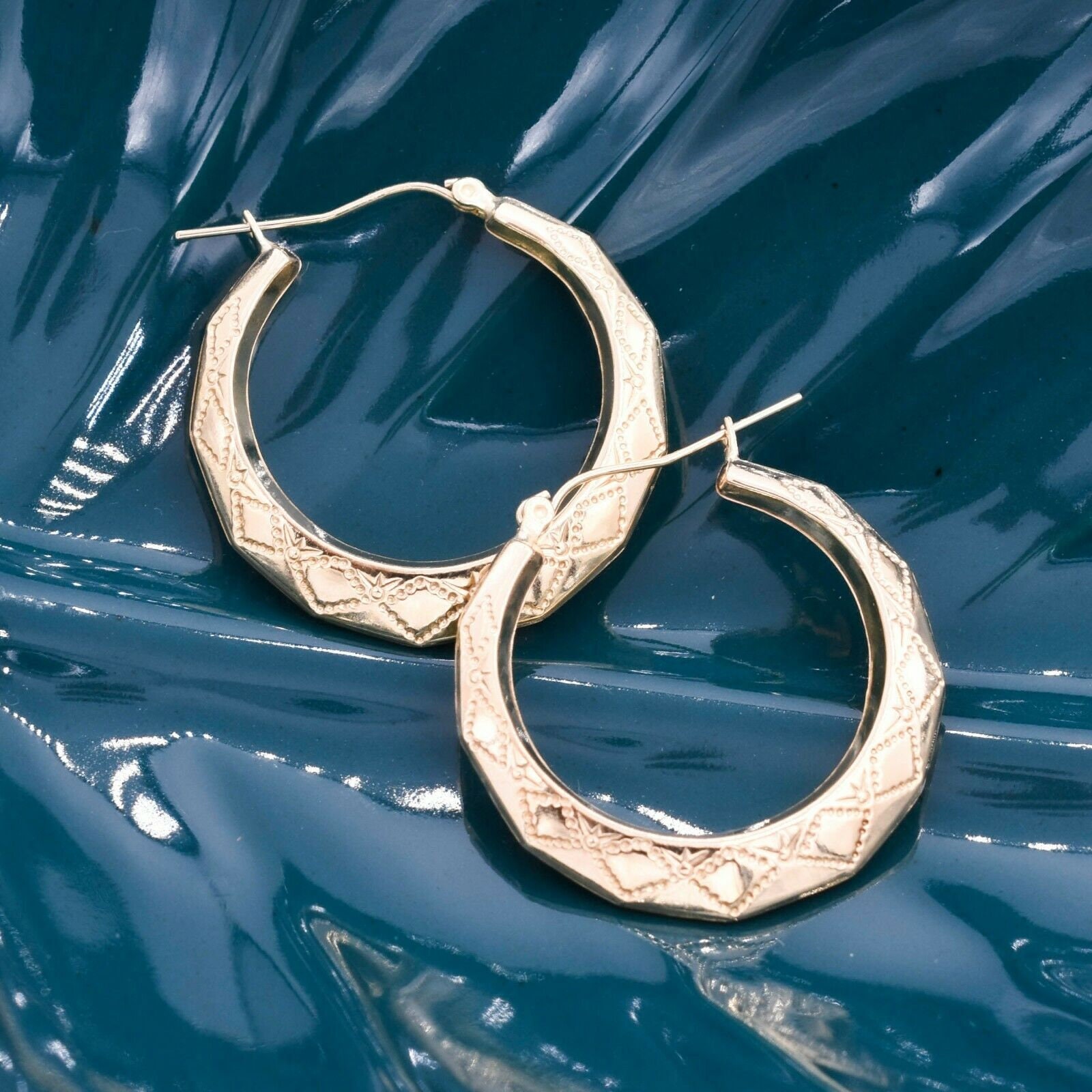 1 3/8" Rhombus Shape Textured Hoop Earrings Real 10K Yellow Gold - Etsy