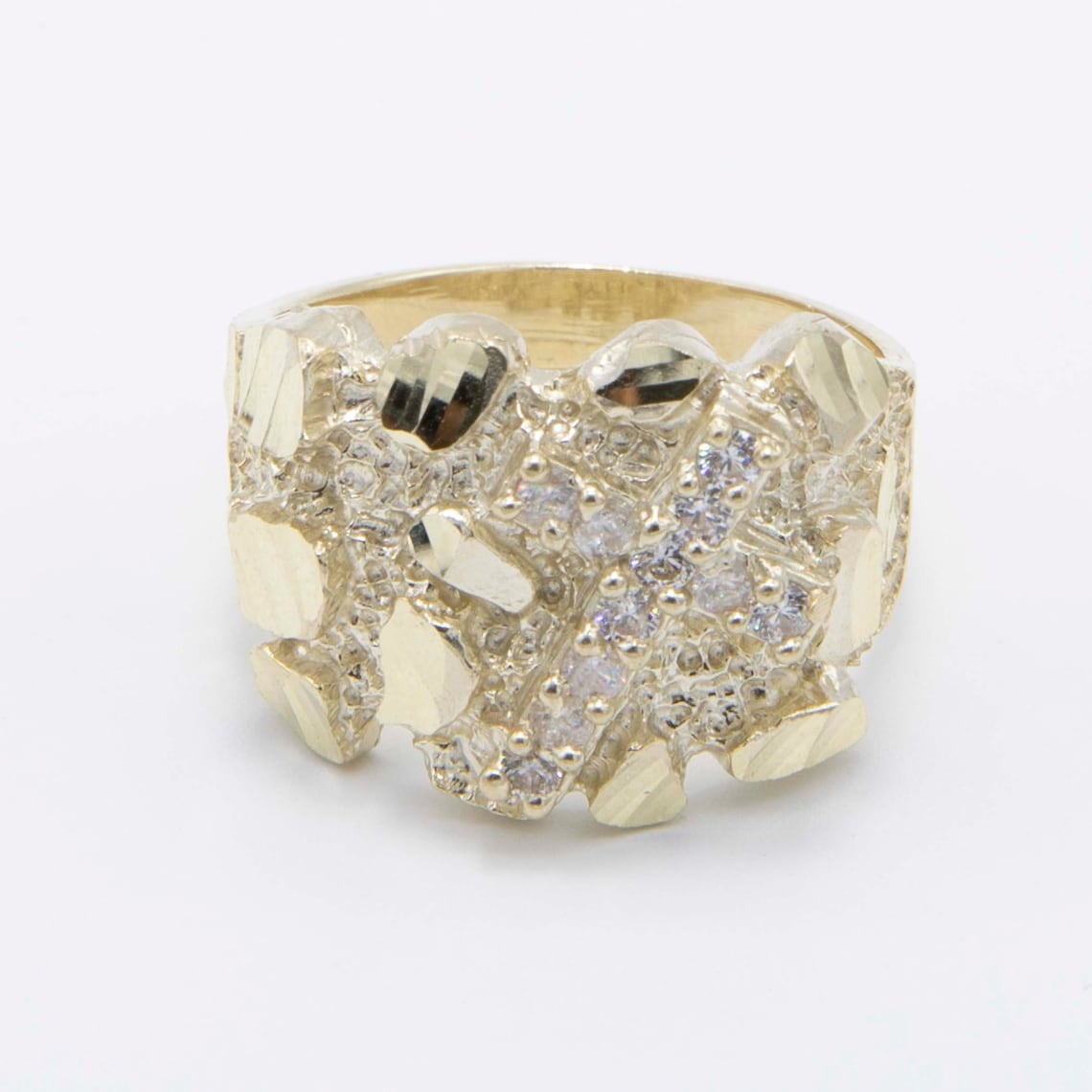 Diamond-cut CZ Cross Nugget Ring Real 10K Yellow Gold All Sizes - Etsy