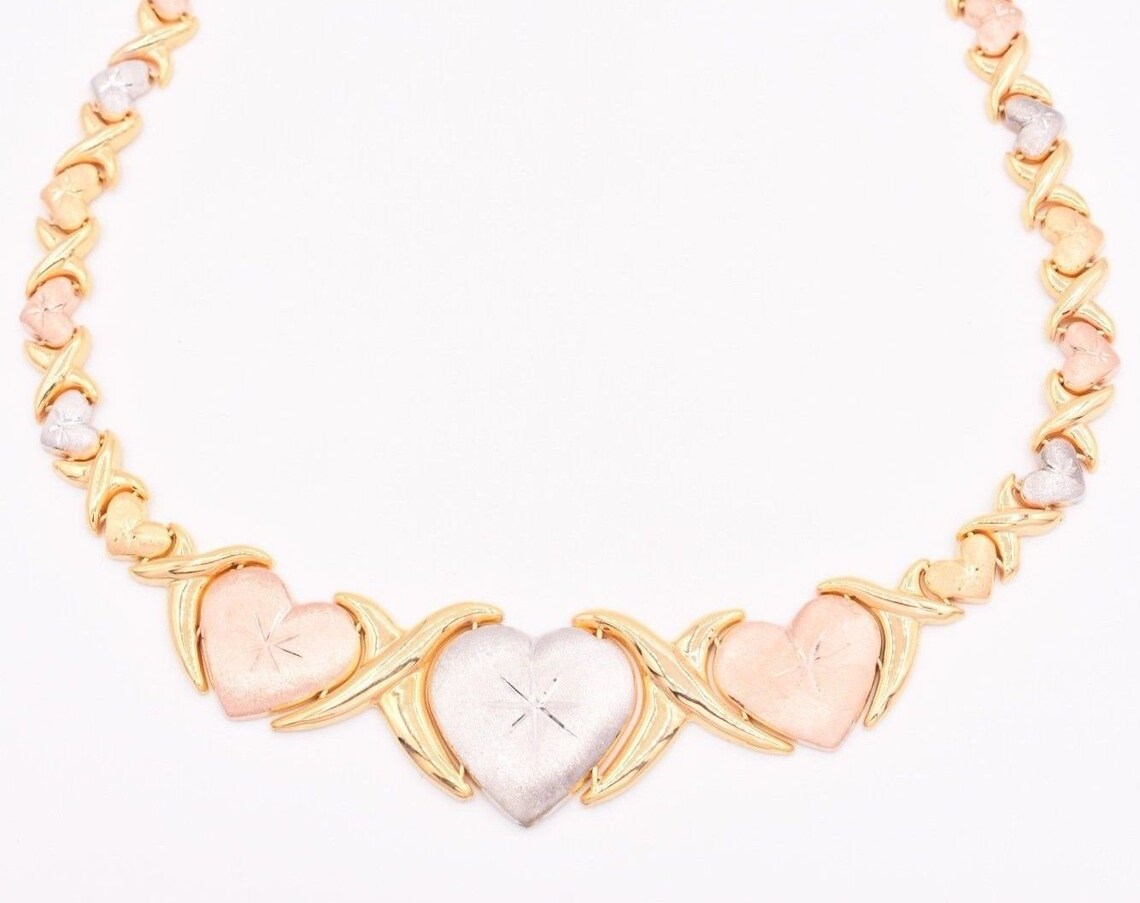Graduated Hearts & Kisses Chain Necklace 14K Yellow White Rose Gold ...
