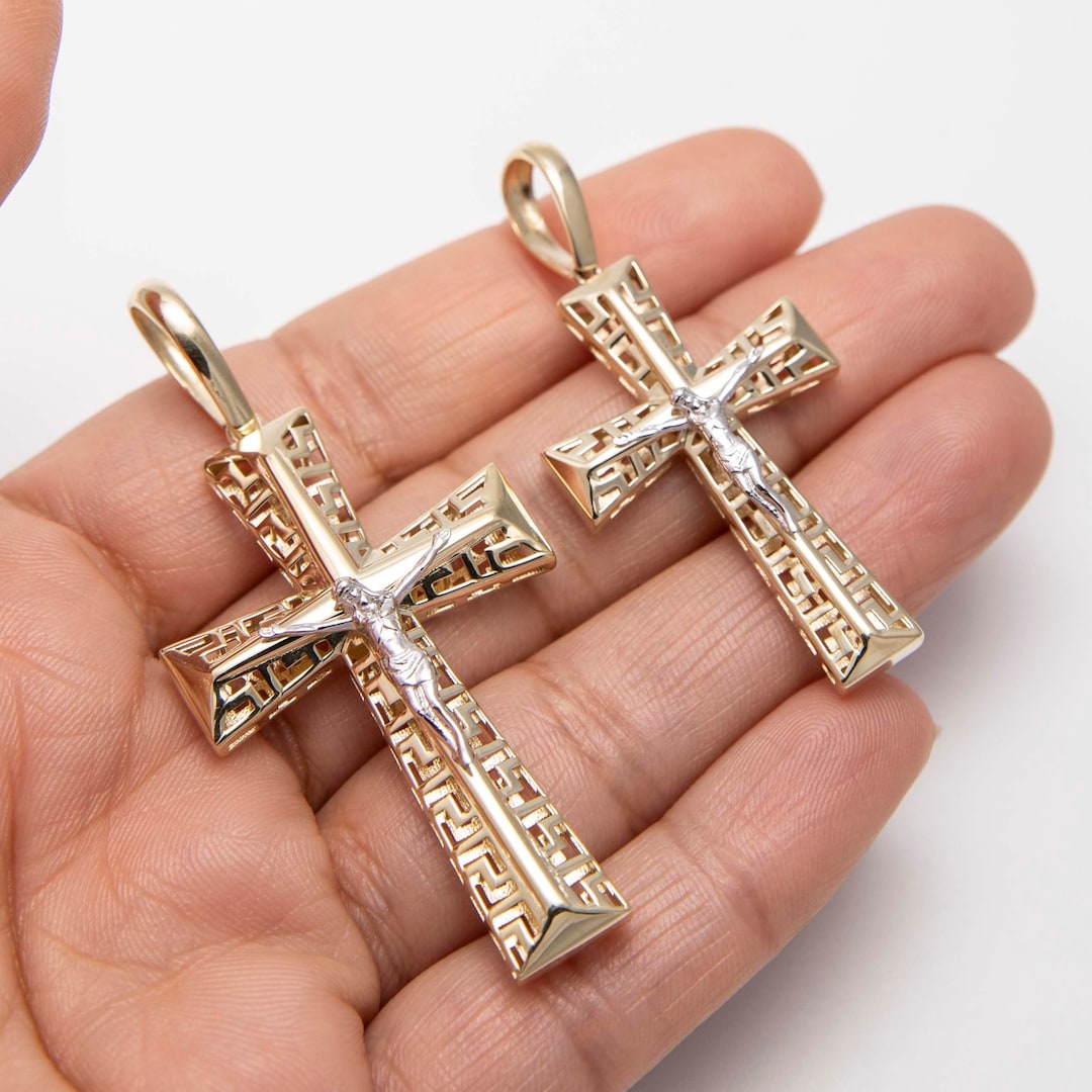 Greek Key Crucifix Jesus Cross Pendant Real 10K Yellow White Gold All ...