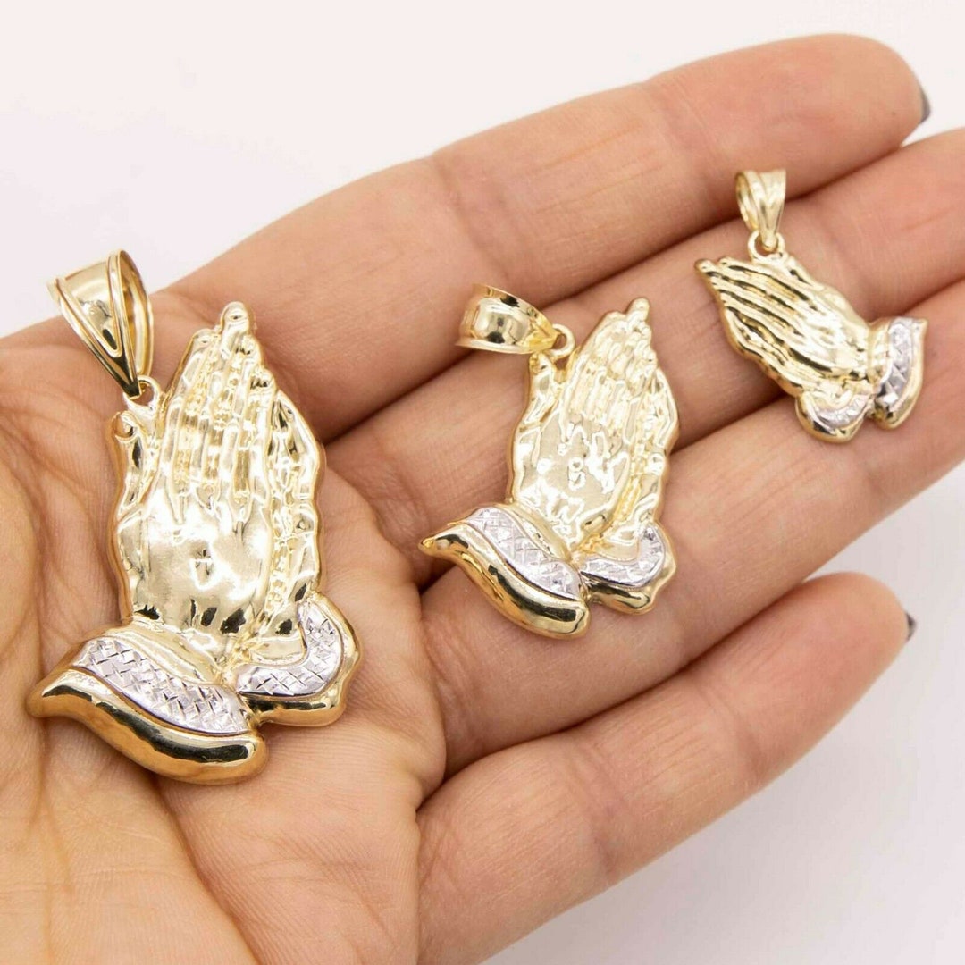 Diamond-cut Praying Hands Pendant Real 10K Yellow White Gold All Sizes ...