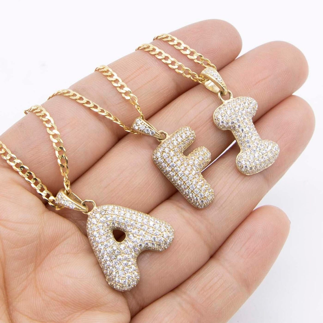 CZ Bubble Initial Letter Chain & Pendant Necklace Set Real 10K Yellow ...