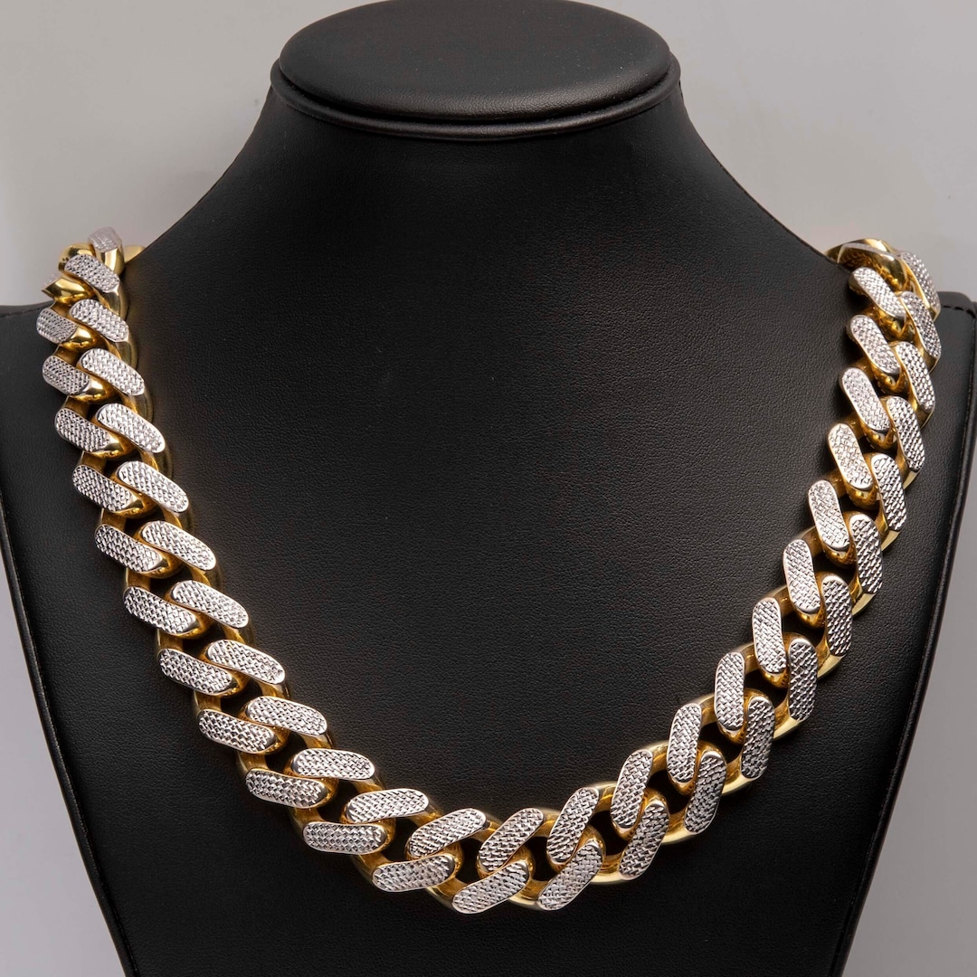 20mm Miami Cuban Diamond Cut Link Chain Two-tone Real 10K Yellow White ...