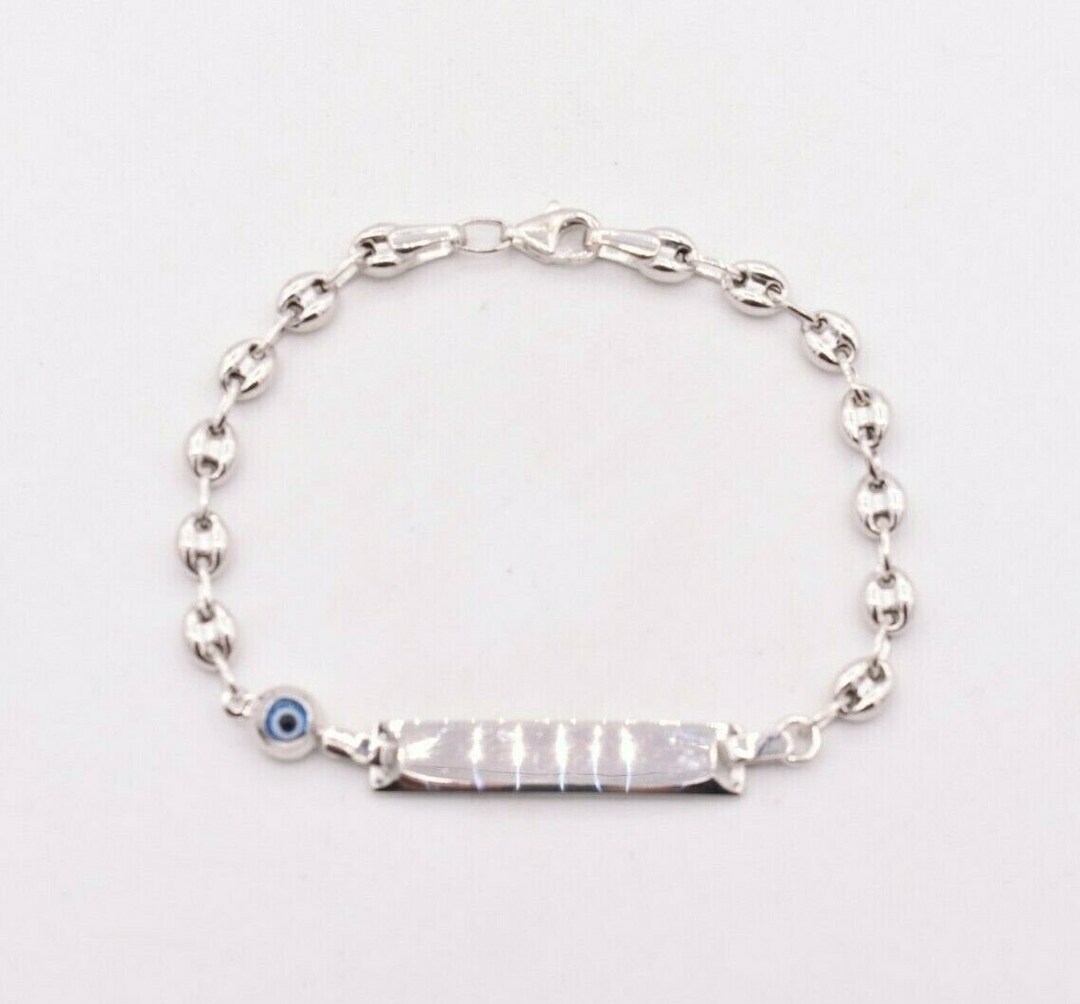 6" Baby KIDS Engravable ID Puffed Mariner Evil Eye Bracelet REAL 14K ...