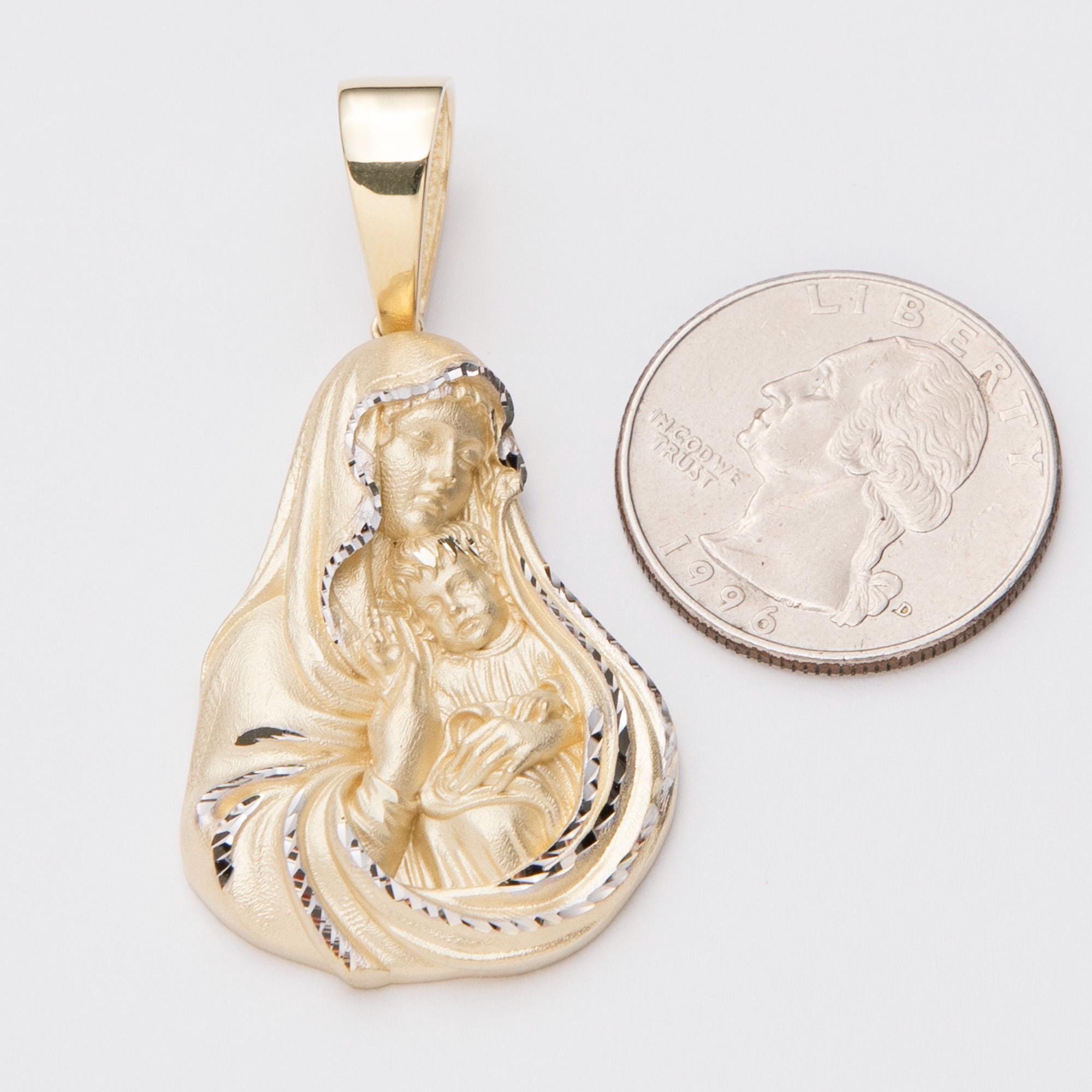 1" Diamond-cut Virgin Mary Baby Jesus Pendant Satin 10K Yellow White ...
