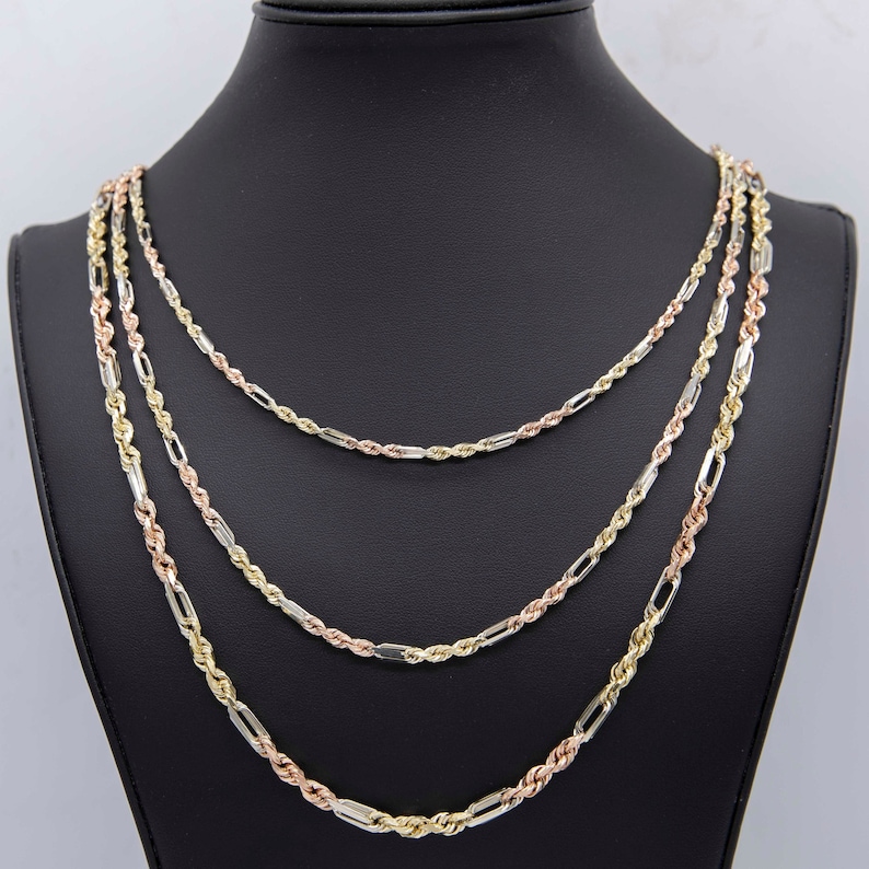 Milano Figaro Rope Chain Necklace Real 14K Tricolor Gold All Sizes - Etsy