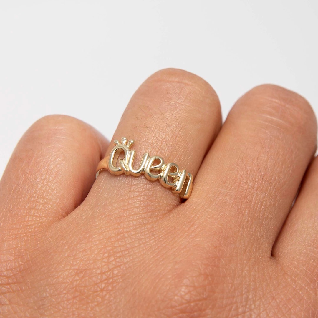 Script "queen" Ring Real 10K Yellow Gold Size 7.5 - Etsy