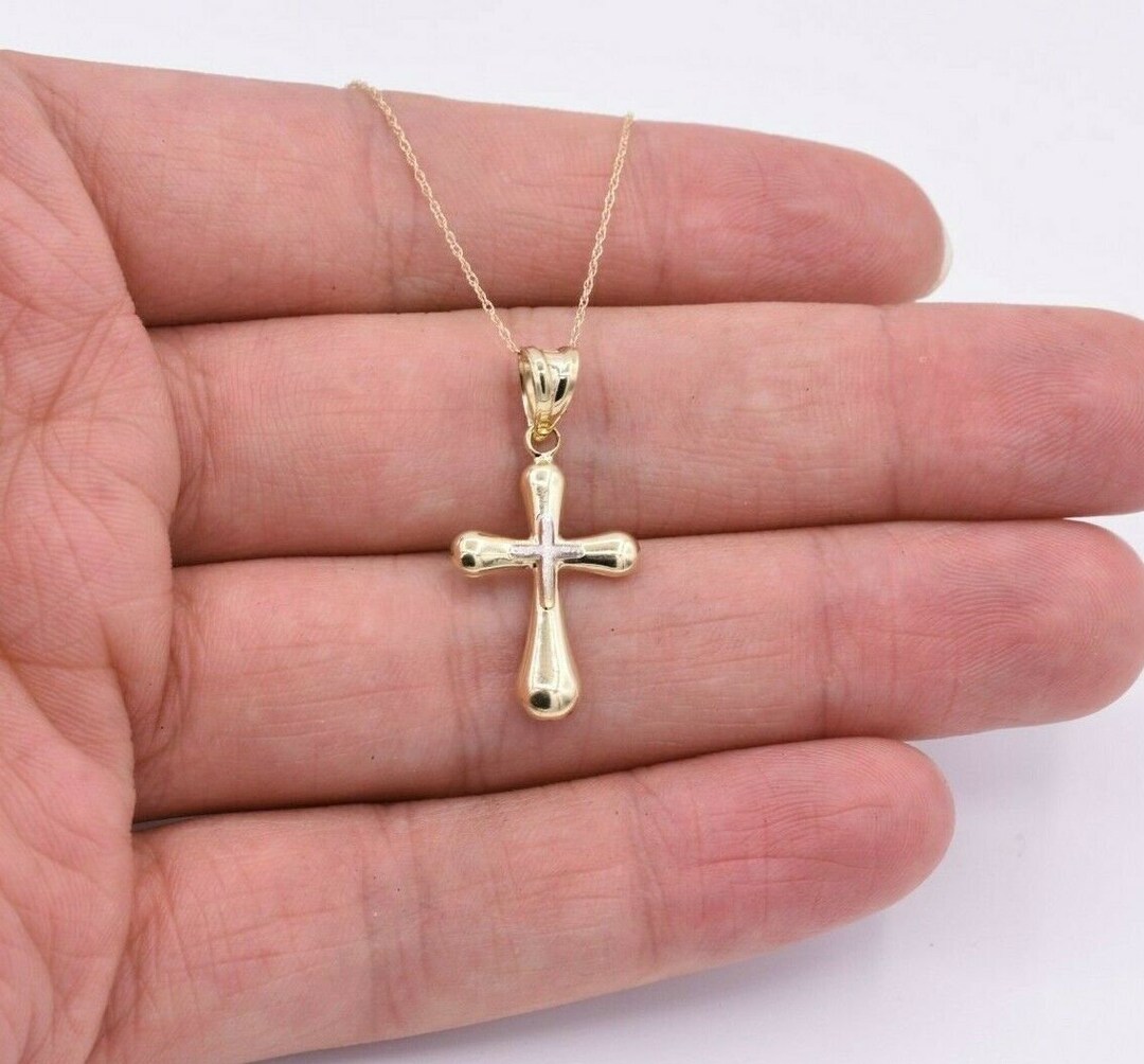 Reversible Two-tone Cross Pendant Necklace Real 10K Yellow White Gold ...