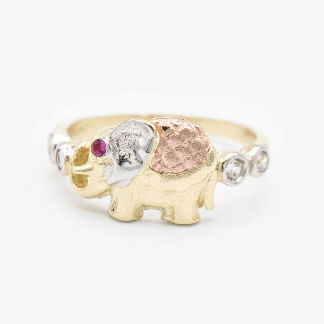 Textured CZ Elephant With Ruby Eyes Ring Real Solid 10K Tri-color Gold ...