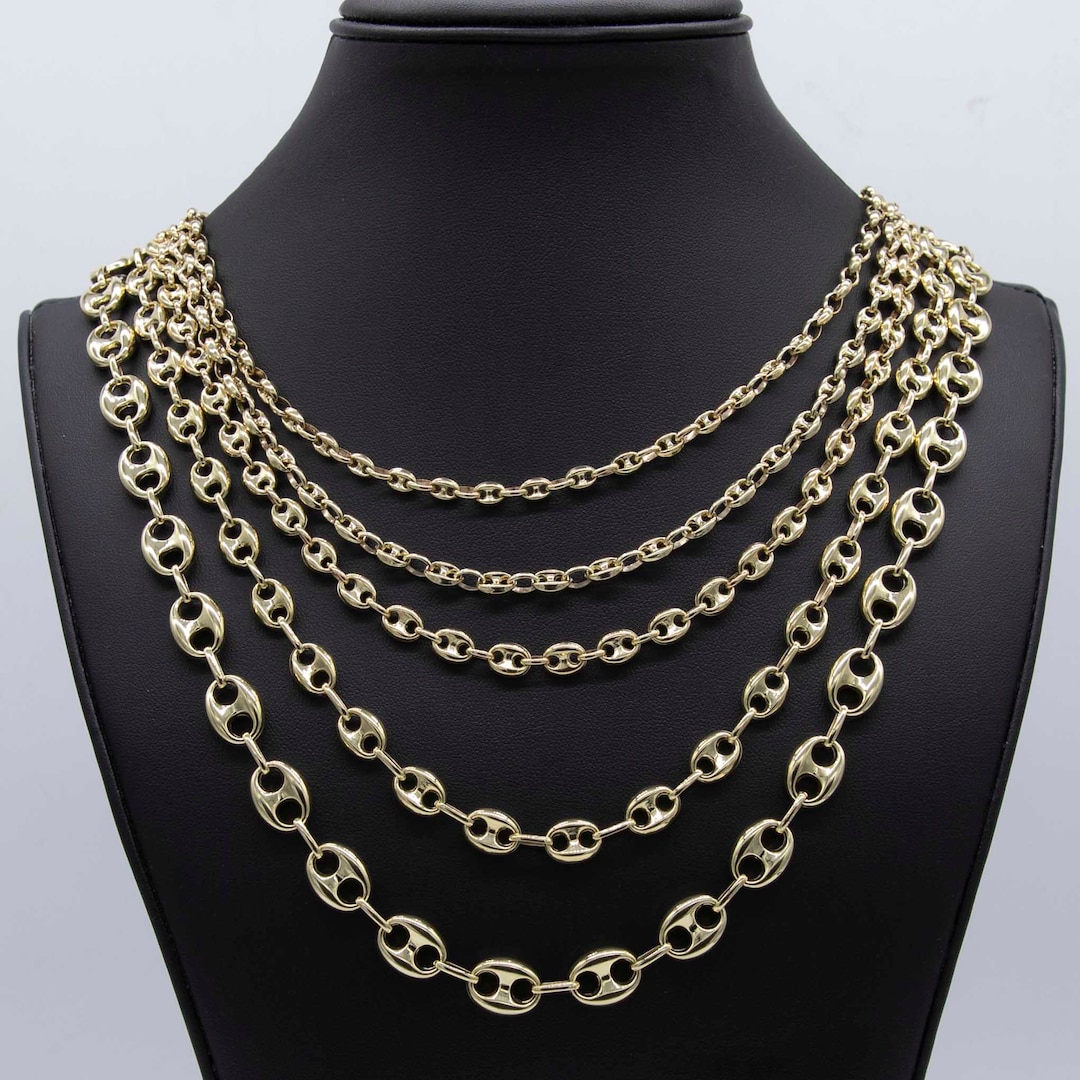 Puffed Mariner Anchor Link Chain Necklace Real 14K Yellow Gold All ...