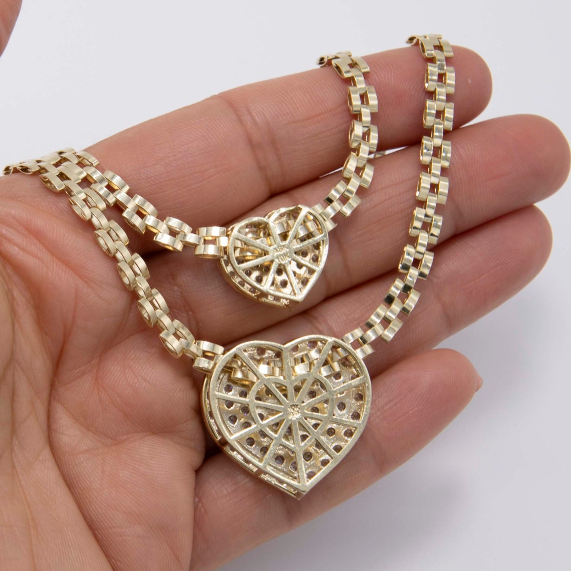 CZ Pink Heart Rlx Railroad Chain Necklace Real 10K Yellow Gold All ...