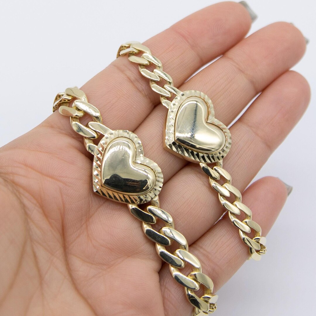 Puffed Heart Cuban Link Chain Bracelet Real 10K Yellow Gold All Sizes ...