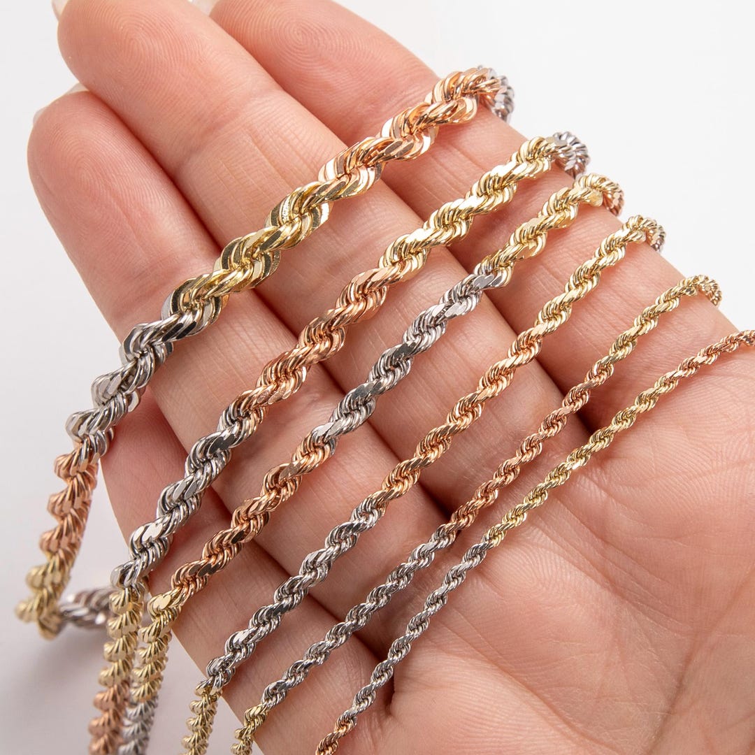 14K Solid Gold Tri-color Rope Chain Necklace Yellow White Rose Gold - Etsy