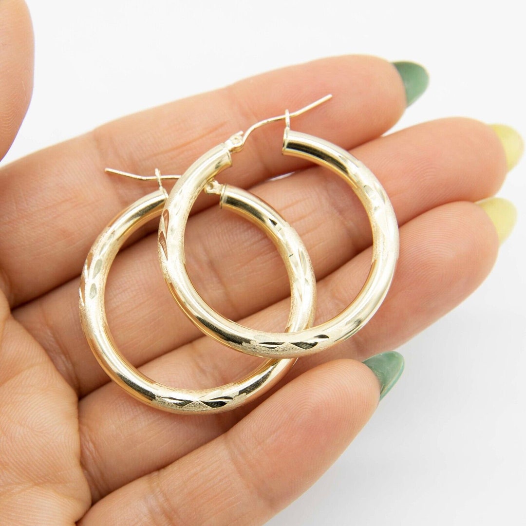 4mm X 35mm 1 1/8 Diamond Cut Shiny Plain Hoop Earrings Real 10K Yellow ...