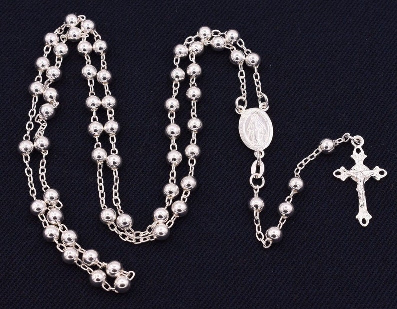 24" 5mm Plain Bead Rosary Rosario Chain Necklace Real 925 Sterling ...