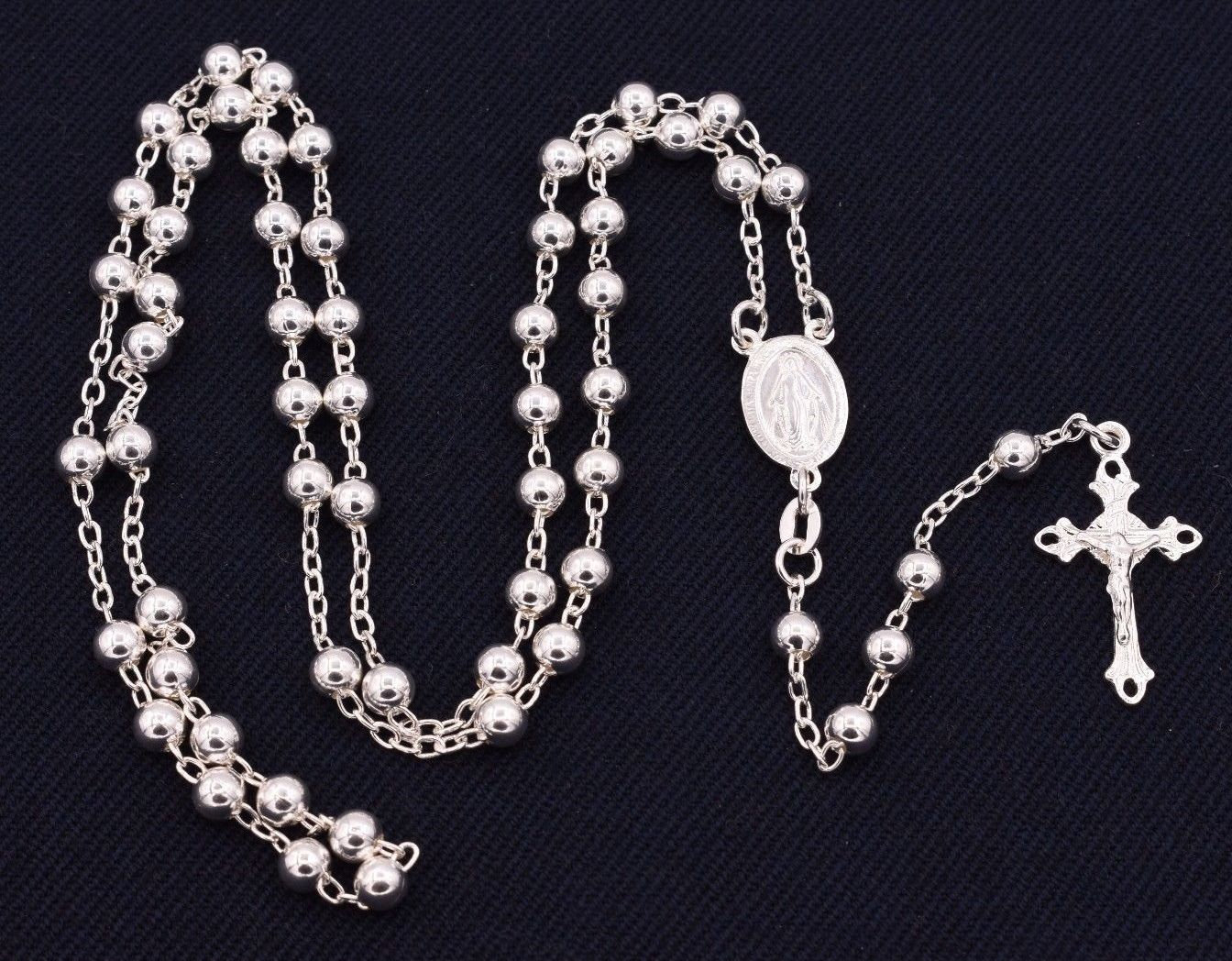 24" 5mm Plain Bead Rosary Rosario Chain Necklace Real 925 Sterling ...