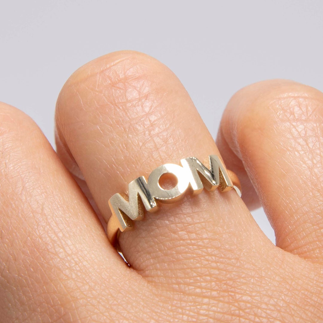 Shiny "mom" Ring Solid 14K Yellow Gold All Sizes - Etsy