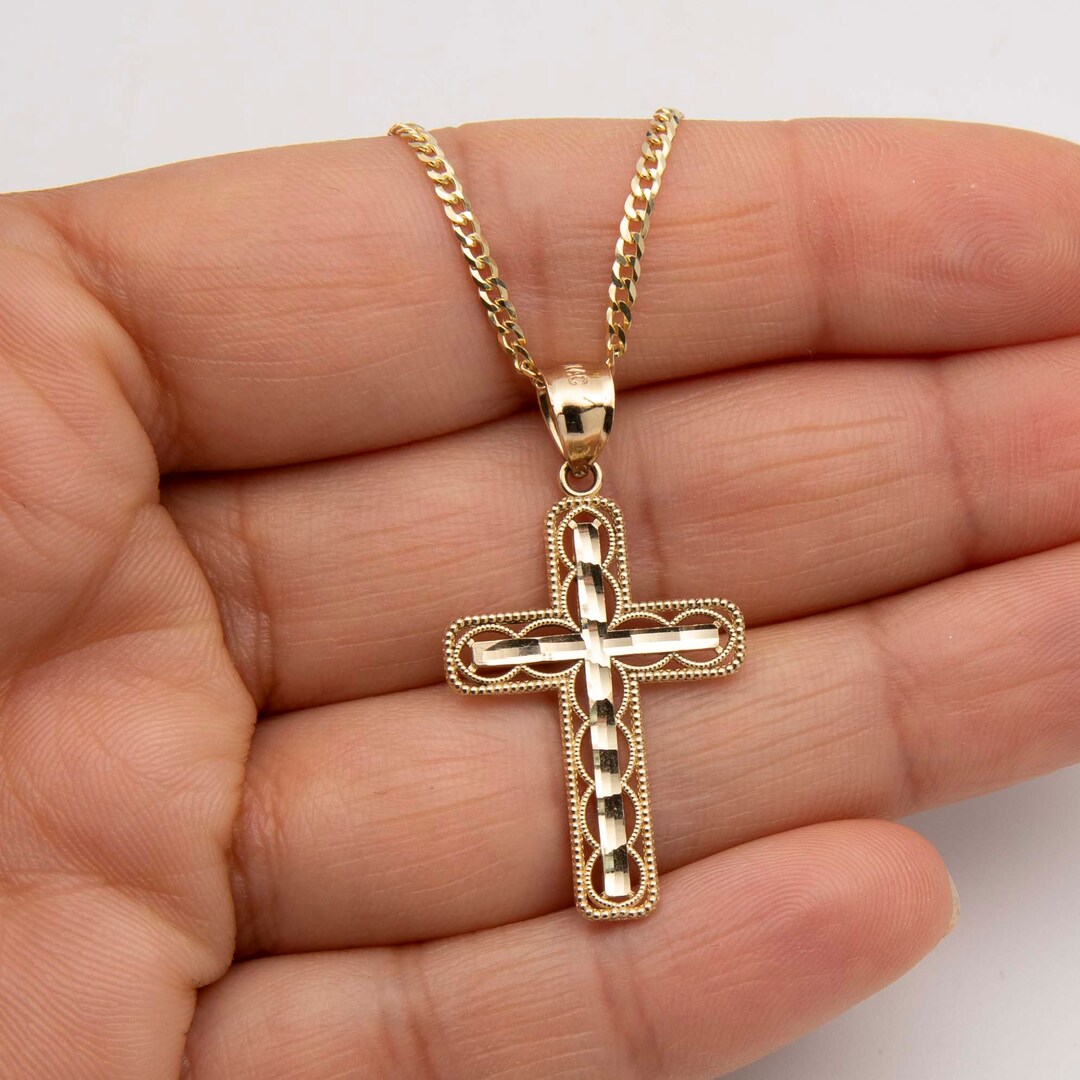 Diamond-cut Cross Pendant & Chain Necklace Set Real 10K Yellow Gold - Etsy
