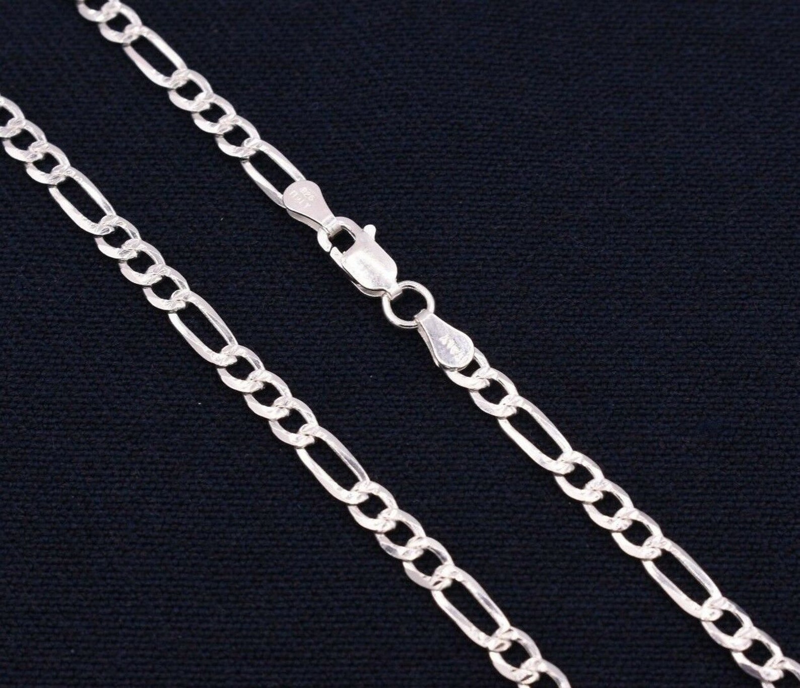 4mm Italian Figaro Pave Diamond Cut Link Chain Necklace Real Sterling ...