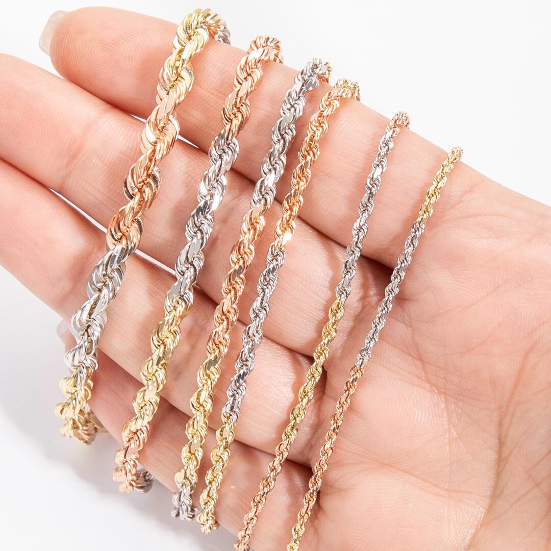 14K Solid Gold Tri-color Rope Chain Bracelet Yellow White Rose Gold - Etsy