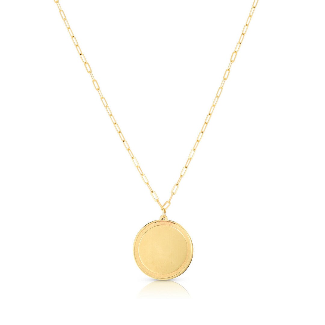 Engravable Round Medallion Tag Necklace on Paperclip Chain Real 14K ...