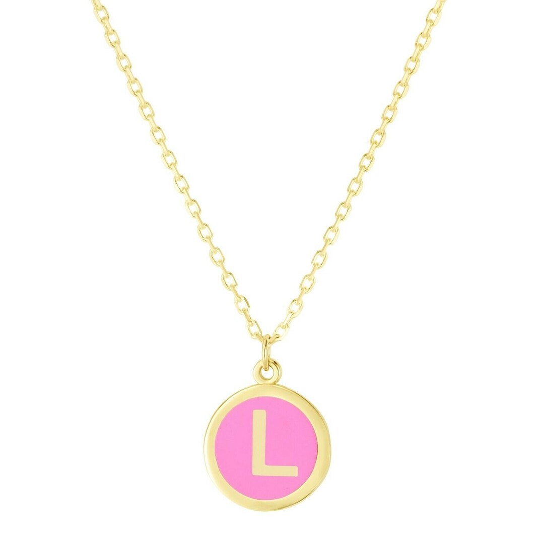 Adjustable Pink Enamel Initial L Cable Chain Necklace Real 14K Yellow ...