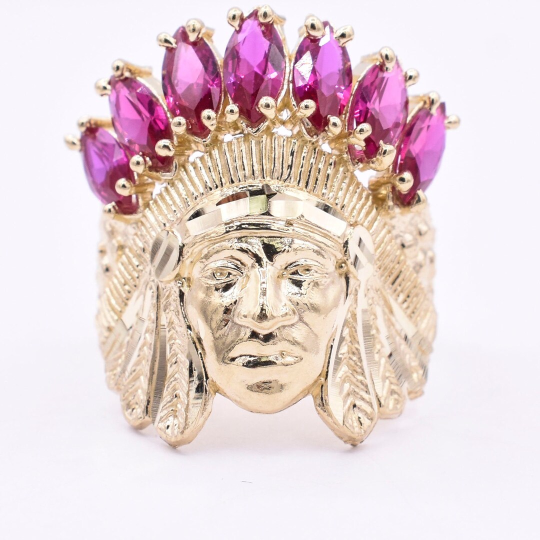 Men's Native American Indian Head Ruby Red CZ Solid 10K Yellow Gold ALL ...