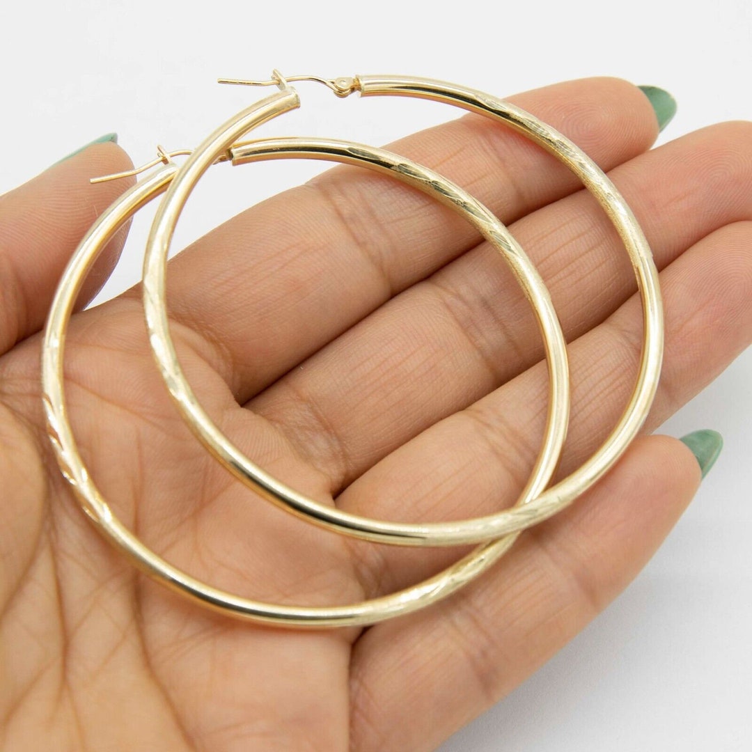 3mm X 65mm 2 1/2" Diamond Cut Shiny Plain Hoop Earrings Real 10K Yellow ...