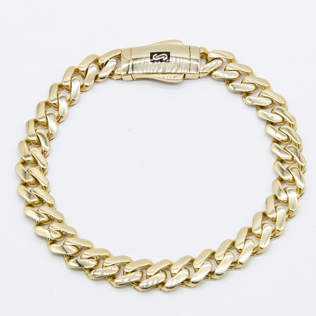 7.5mm Miami Cuban Royal Link Bracelet Plain Shiny Box Clasp Real 14K ...