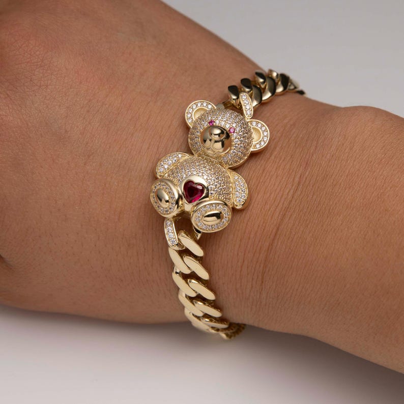 Pink Teddy Bear Cuban Link Chain Bracelet Box Lock Real 10K Yellow Gold ...