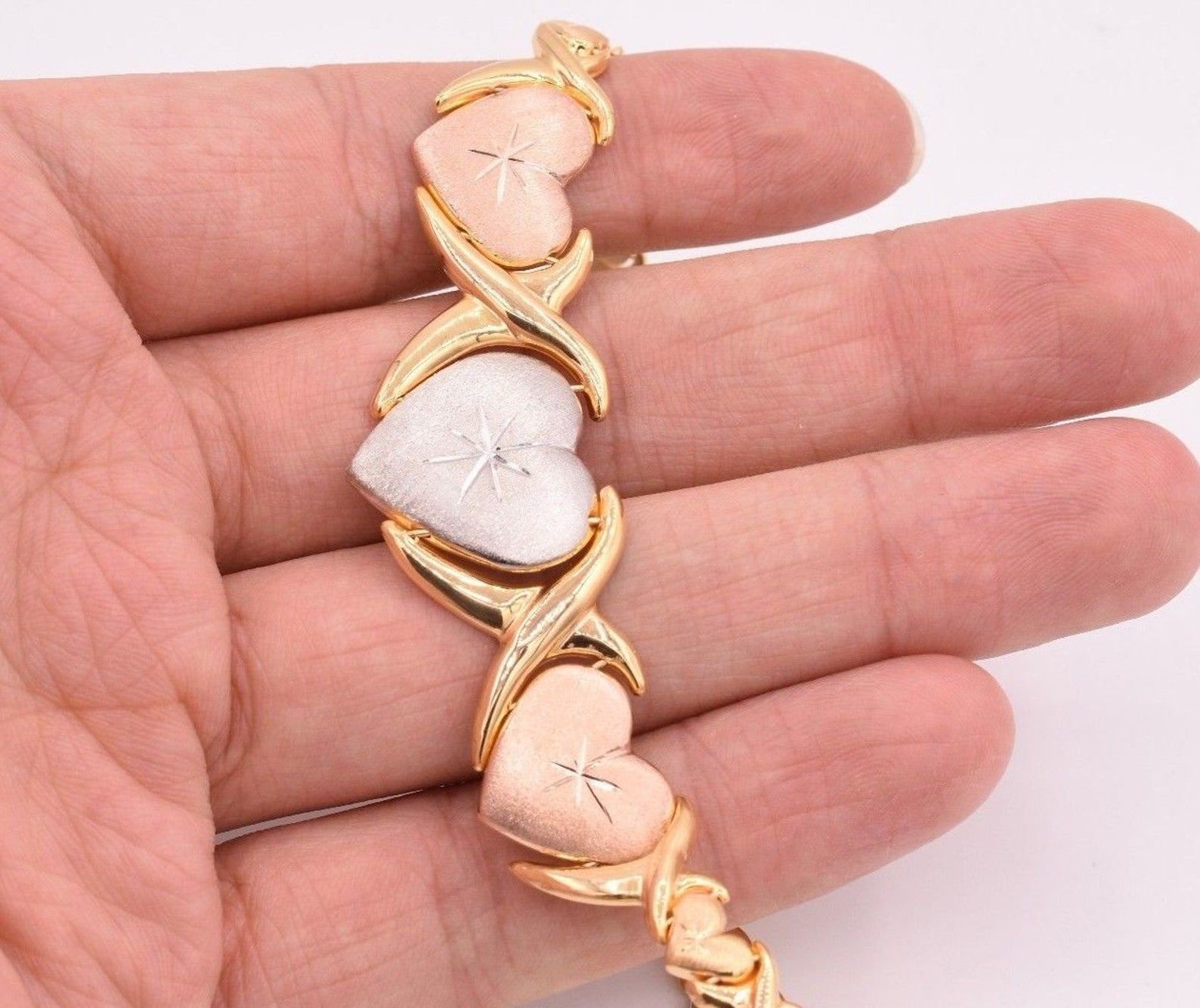 Graduated Hearts & Kisses Chain Necklace 14K Yellow White Rose - Etsy