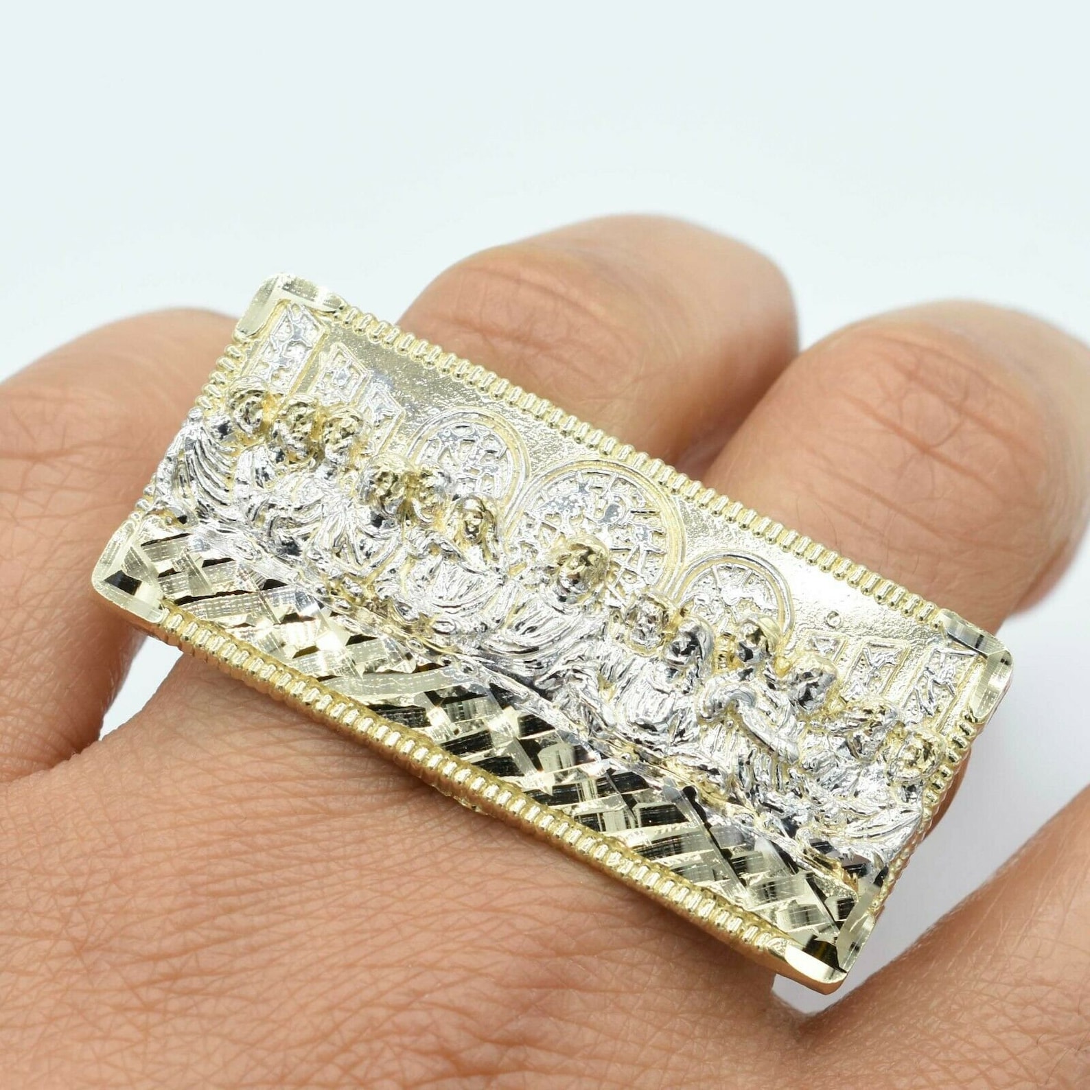 Double Finger Rectangle Last Supper Textured Ring Real 10K | Etsy