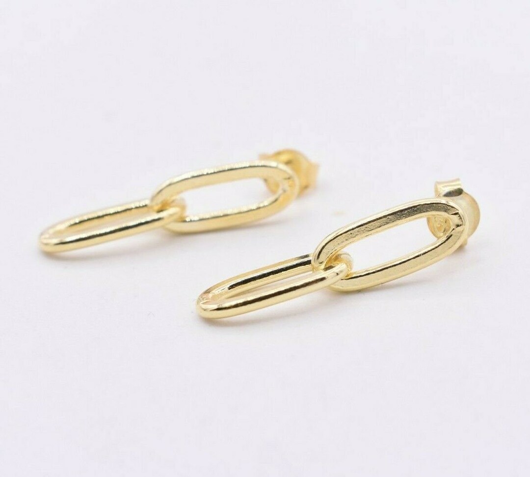 1" Double Paperclip Drop Dangle Earrings 14K Yellow Gold Clad Silver ...