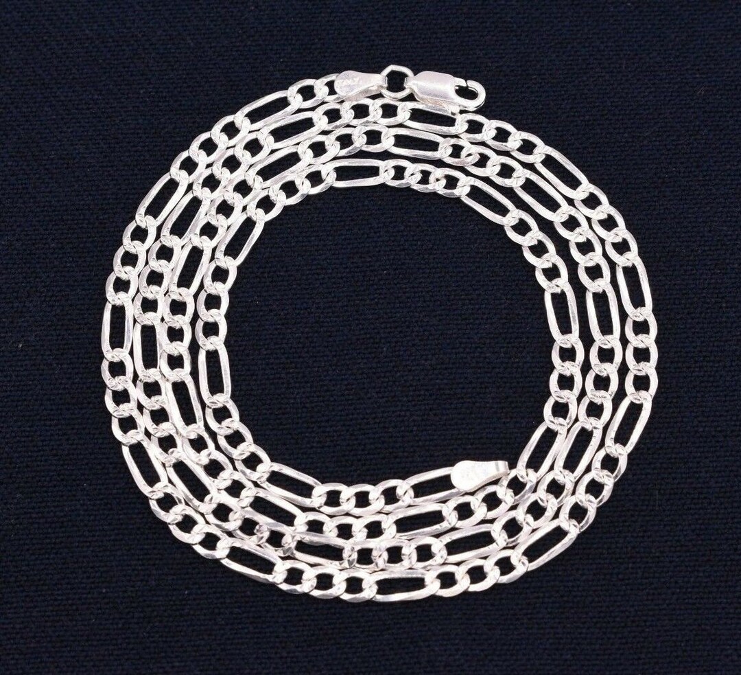 4mm Italian Figaro Pave Diamond Cut Link Chain Necklace Real Sterling ...