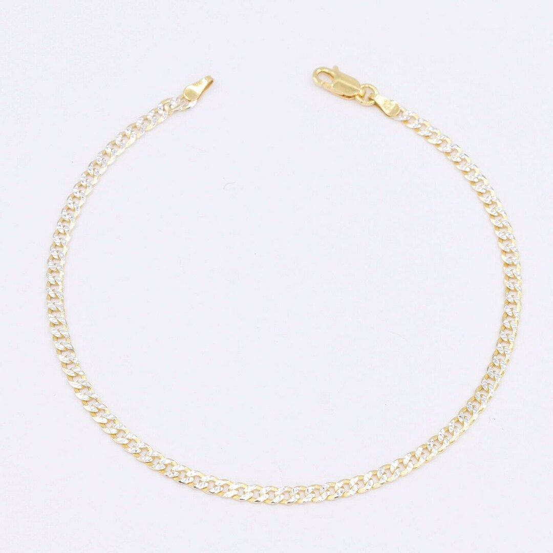 3mm Two-tone Miami Cuban Link Ankle Anklet 14K Yellow Gold Clad Silver ...