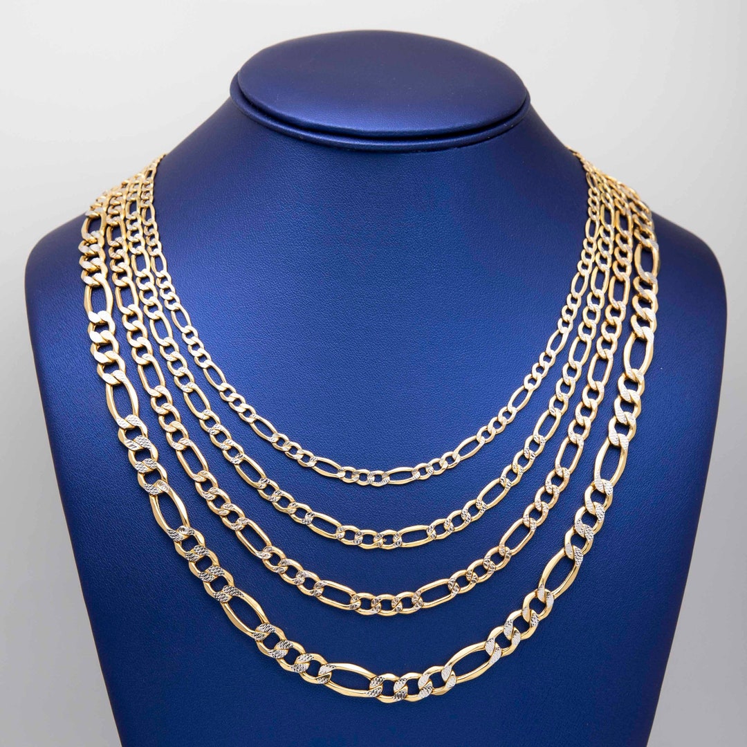 Figaro Pave Two Tone Chain Necklace Real 10K Hollow Yellow White Gold ...